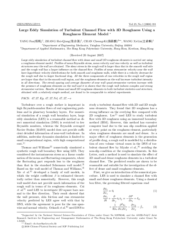 (PDF) Large Eddy Simulation of Turbulent Channel Flow with 3D Roughness Using a Roughness ...