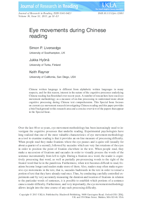 (PDF) Eye movements during Chinese reading