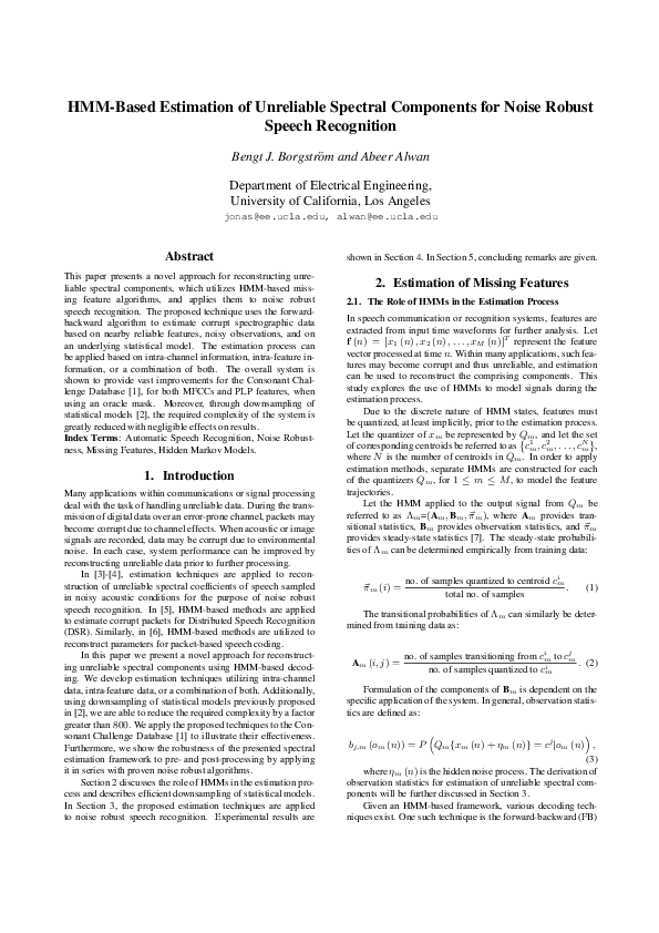 (PDF) HMM-based estimation of unreliable spectral components for noise robust speech recognition
