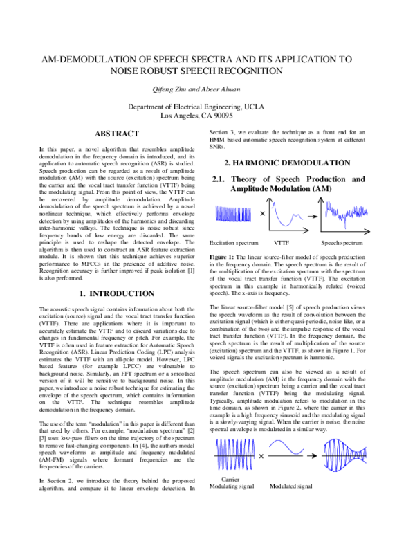 (PDF) AM-Demodulation of Speech Spectra and Its Application to Noise Robust Speech Recognition ...