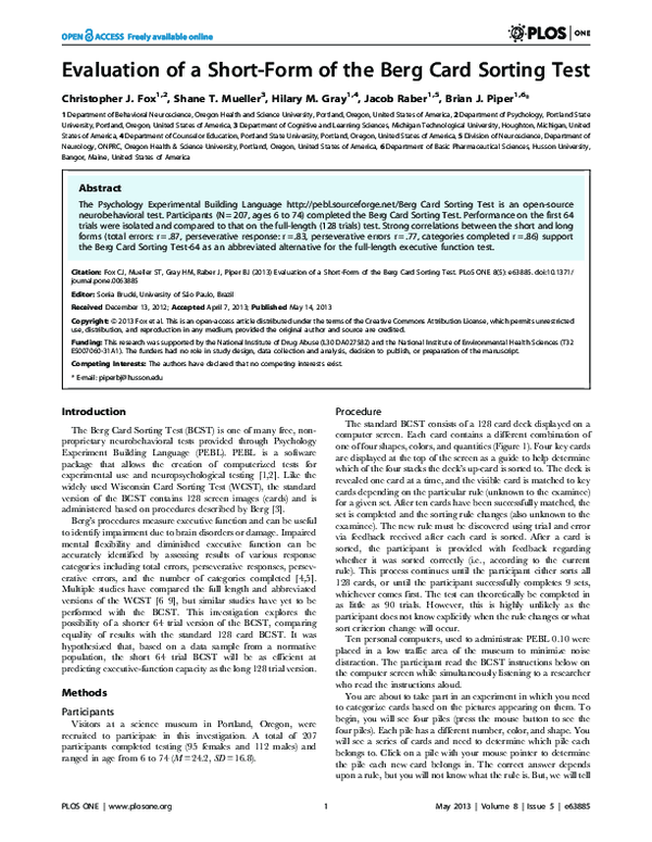 (PDF) Evaluation of a Short-Form of the Berg Card Sorting Test