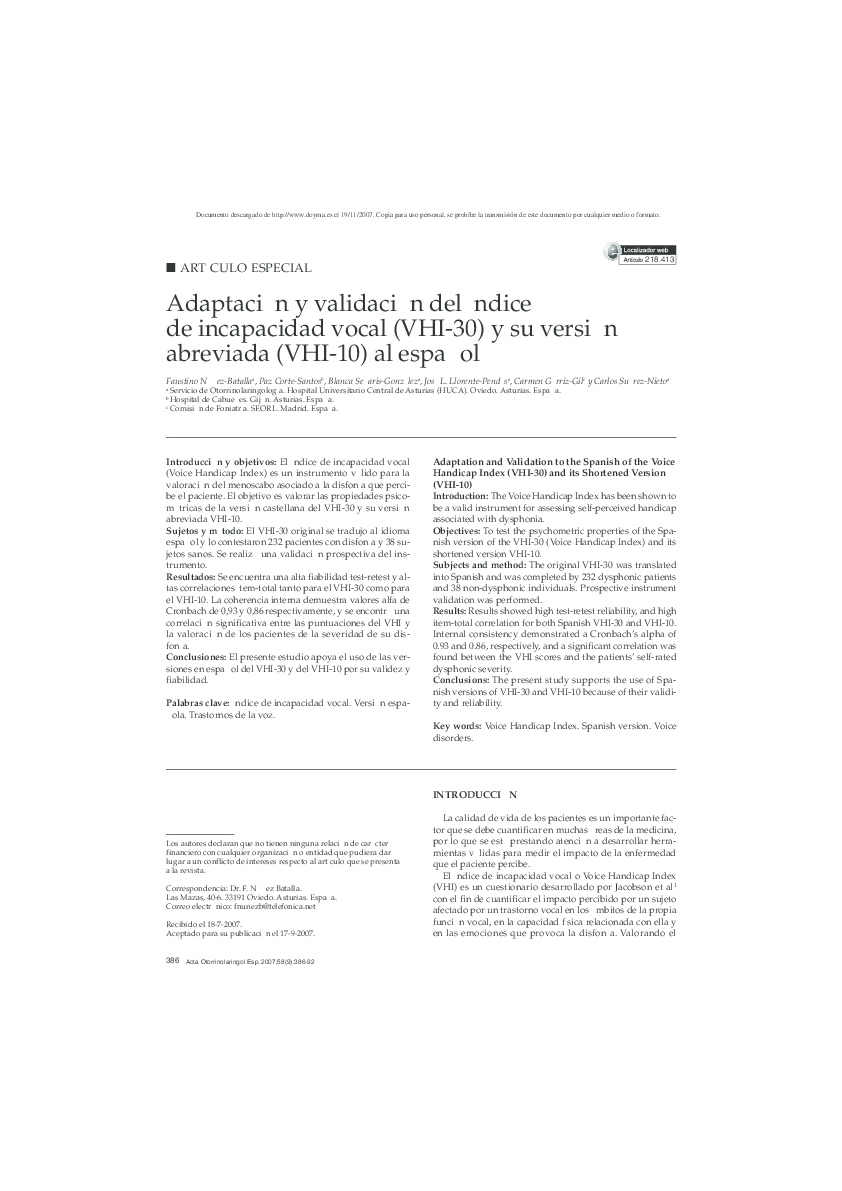 (PDF) Adaptación y validación del índice de incapacidad vocal (VHI-30 ...