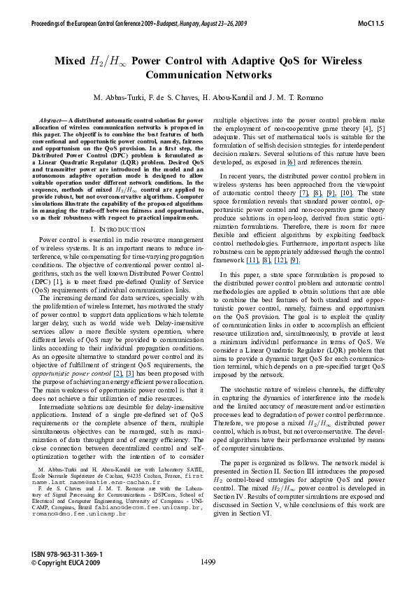 (PDF) Mixed H2/H∞ power control with adaptive QoS for wireless communication networks | Hisham ...