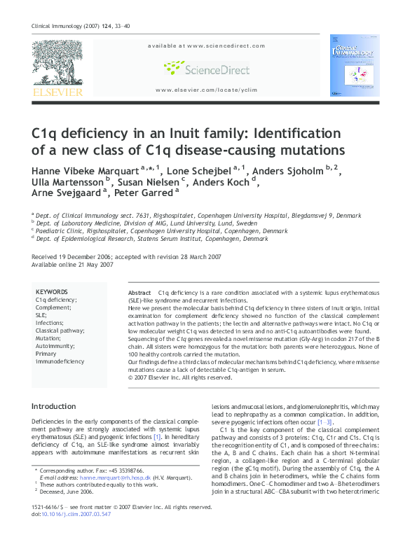 (PDF) New C1q Disease Mutations in Inuit Sisters