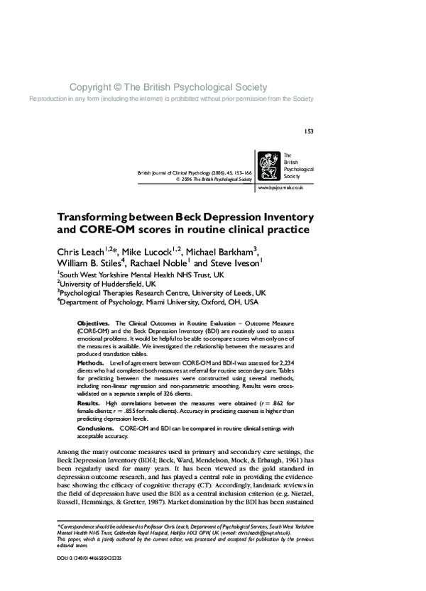 (PDF) Transforming between Beck Depression Inventory and CORE-OM scores ...
