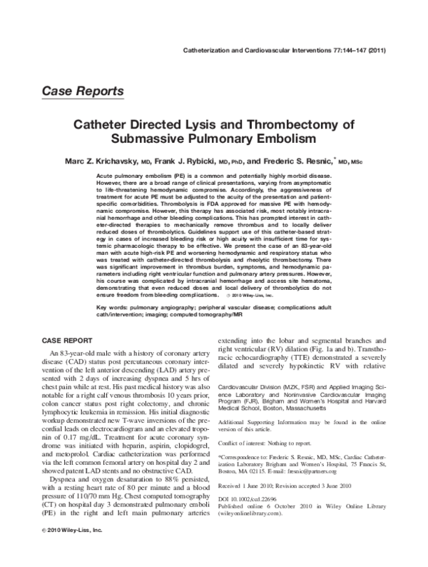 (PDF) Catheter directed lysis and thrombectomy of submassive pulmonary ...