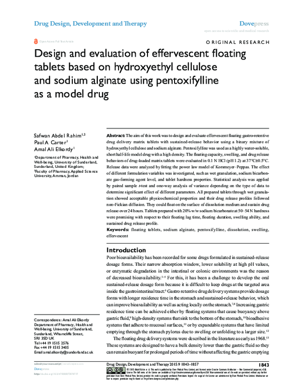 Pdf Design And Evaluation Of Effervescent Floating Tablets Based On Hydroxyethyl Cellulose And