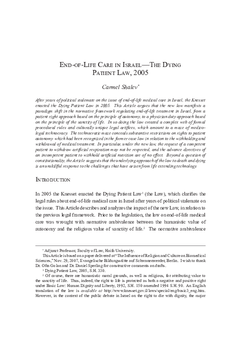 (PDF) End-of-Life Care in Israel—The Dying Patient Law, 2005
