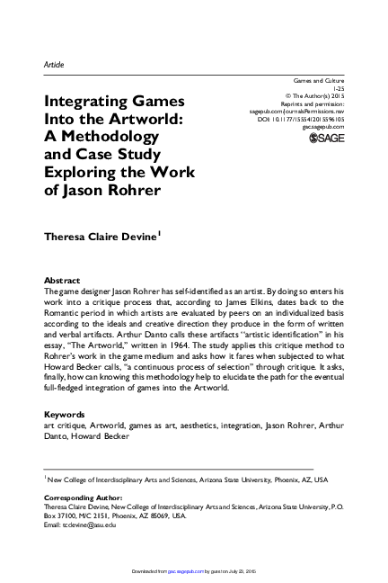 (PDF) Integrating Games Into the Artworld: A Methodology and Case Study ...