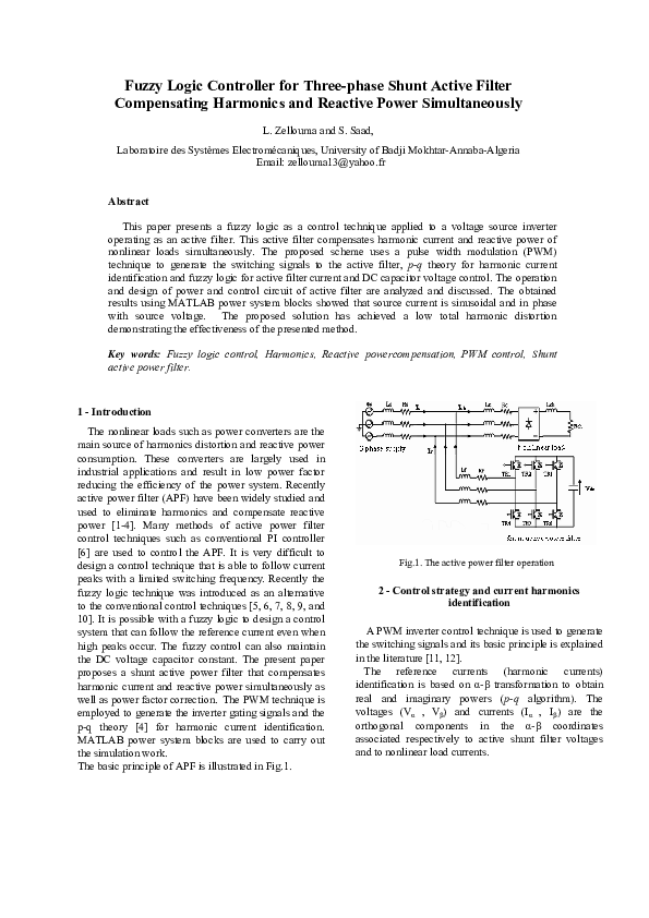(PDF) Fuzzy Logic Controller for Three-phase Shunt Active Filter Compensating Harmonics and ...