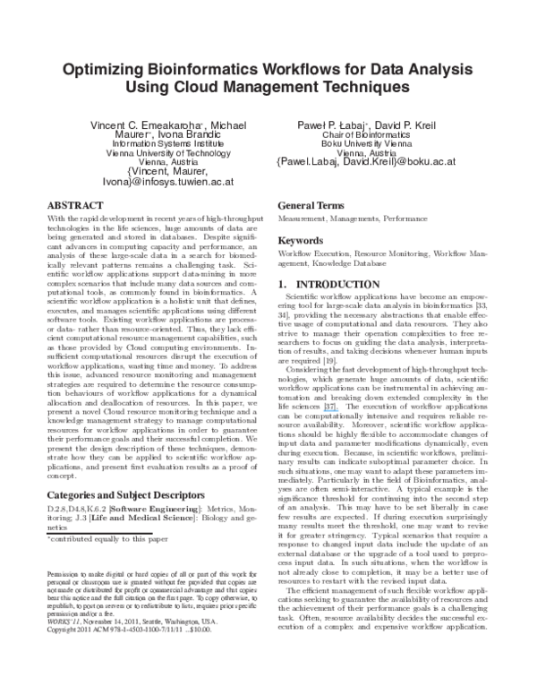 Pdf Optimizing Bioinformatics Workflows For Data Analysis Using Cloud