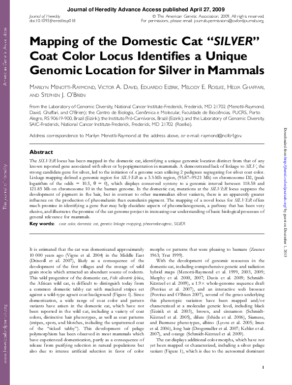 (PDF) Mapping of the Domestic Cat "SILVER" Coat Color Locus Identifies ...