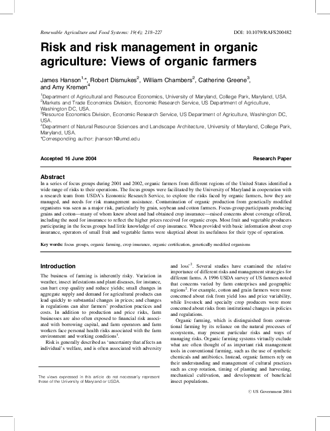 (PDF) Risk and risk management in organic agriculture: Views of organic ...