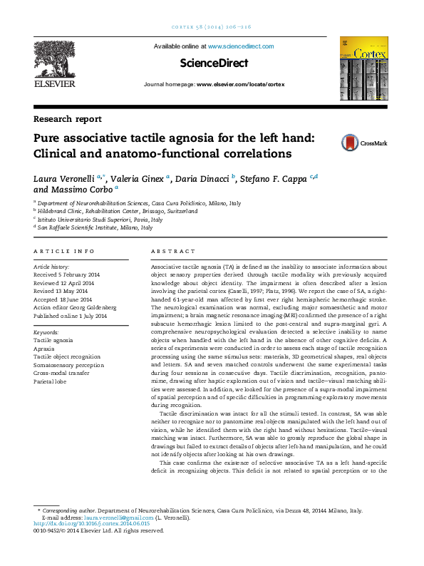 (PDF) Pure associative tactile agnosia for the left hand: Clinical and ...