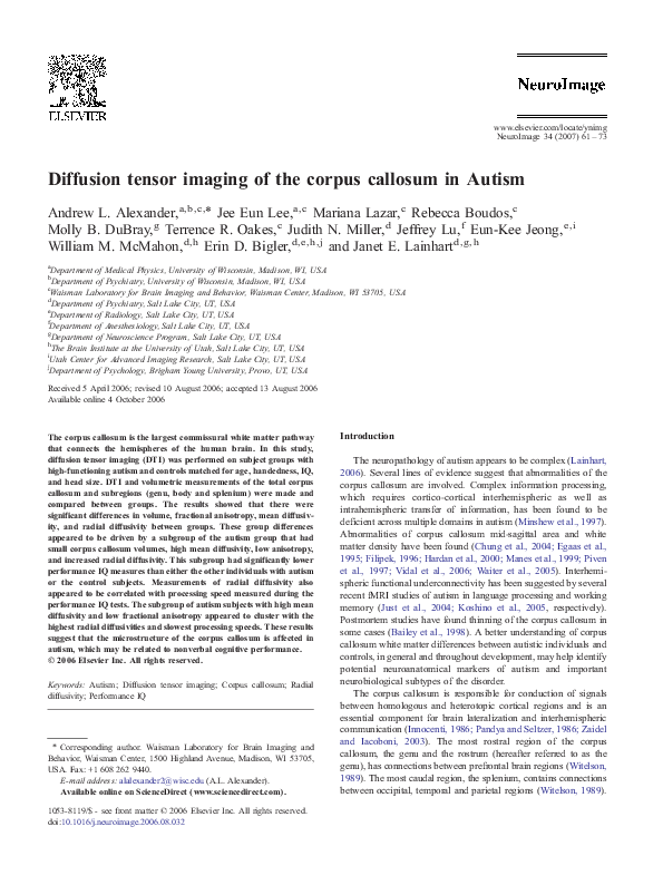 (PDF) Diffusion tensor imaging of the corpus callosum in Autism