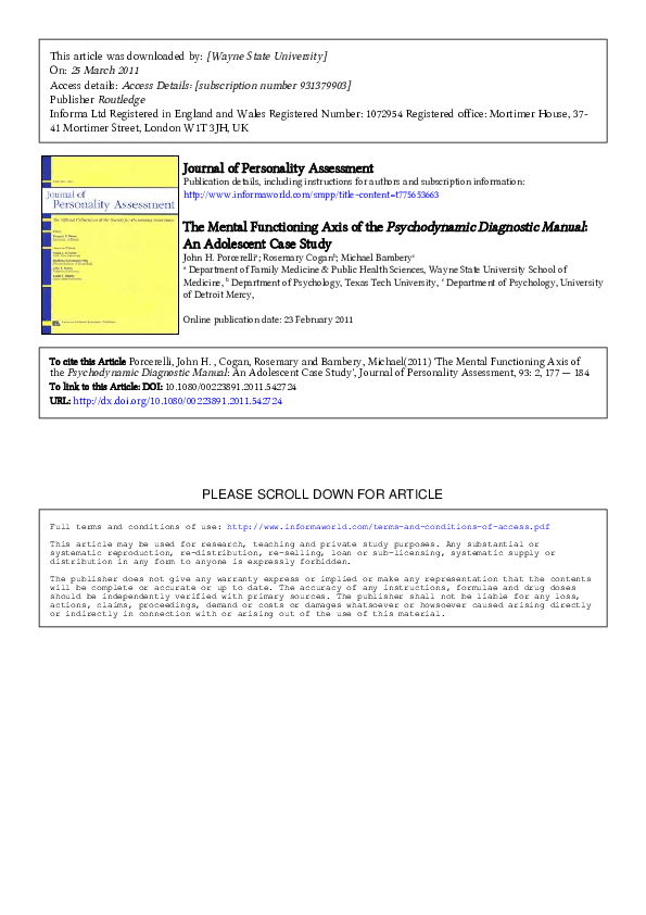 (PDF) The Mental Functioning Axis of the Psychodynamic Diagnostic ...