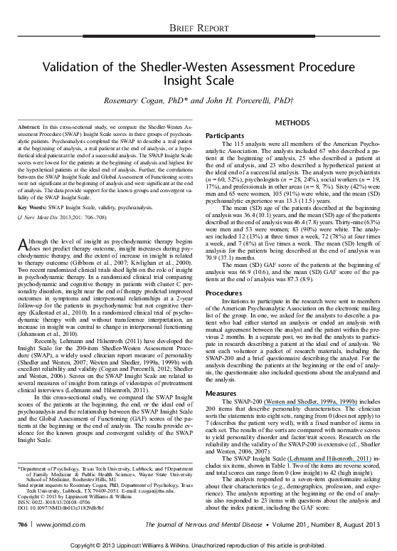 (PDF) Validation of the Shedler-Westen Assessment Procedure Insight Scale