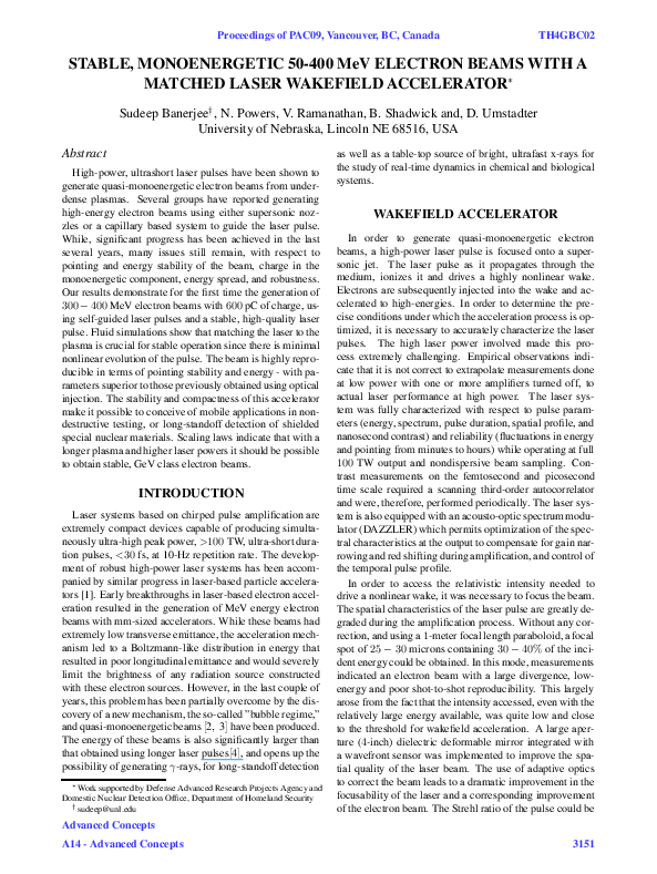 (PDF) STABLE, MONOENERGETIC 50-400 MeV ELECTRON BEAMS WITH A MATCHED LASER WAKEFIELD ACCELERATOR