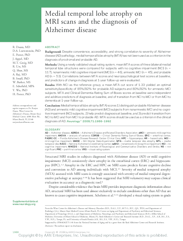 (PDF) Medial temporal lobe atrophy on MRI scans and the diagnosis of Alzheimer disease