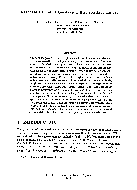 (PDF) Resonantly driven laser‐plasma electron accelerators
