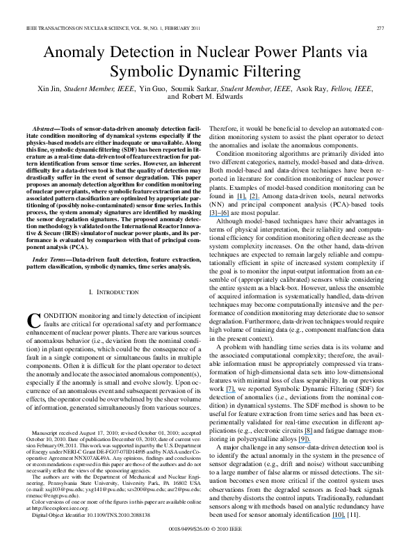 Pdf Anomaly Detection In Nuclear Power Plants Via Symbolic Dynamic Filtering