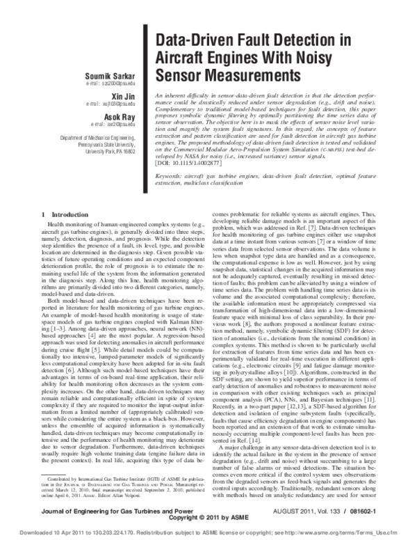 Pdf Data Driven Fault Detection In Aircraft Engines With Noisy Sensor Measurements Soumik