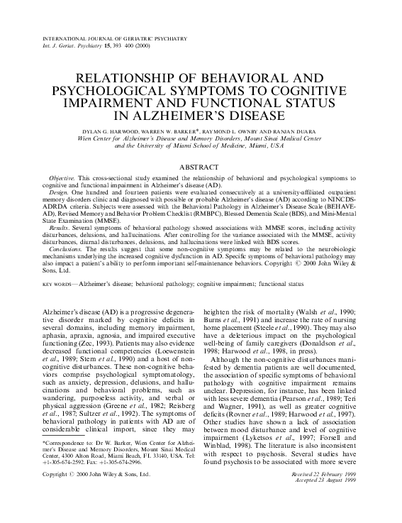 (PDF) Relationship of behavioral and psychological symptoms to cognitive impairment and ...