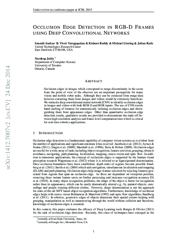 Pdf Occlusion Edge Detection In Rgb D Frames Using Deep Convolutional Networks