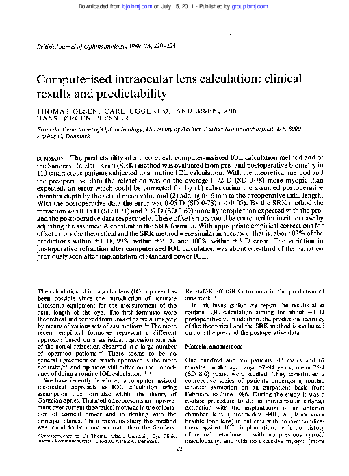 (PDF) Computerised intraocular lens calculation: clinical results and ...