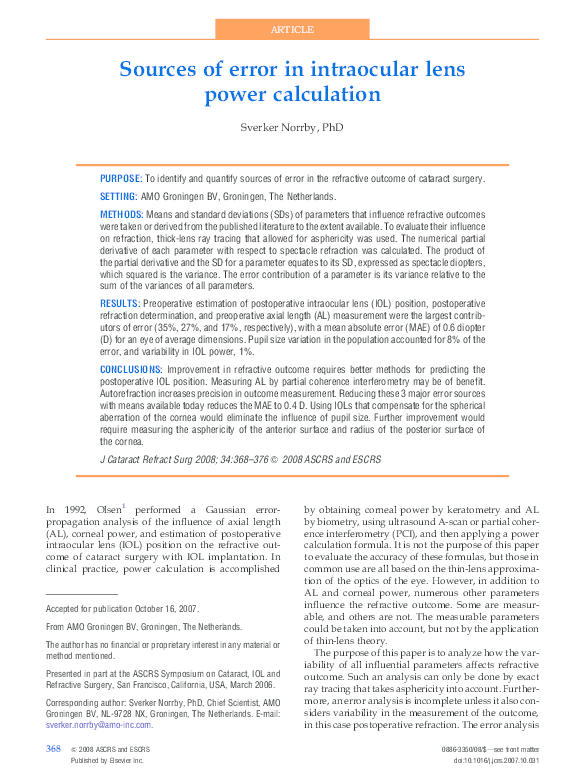 (PDF) Sources of error in intraocular lens power calculation