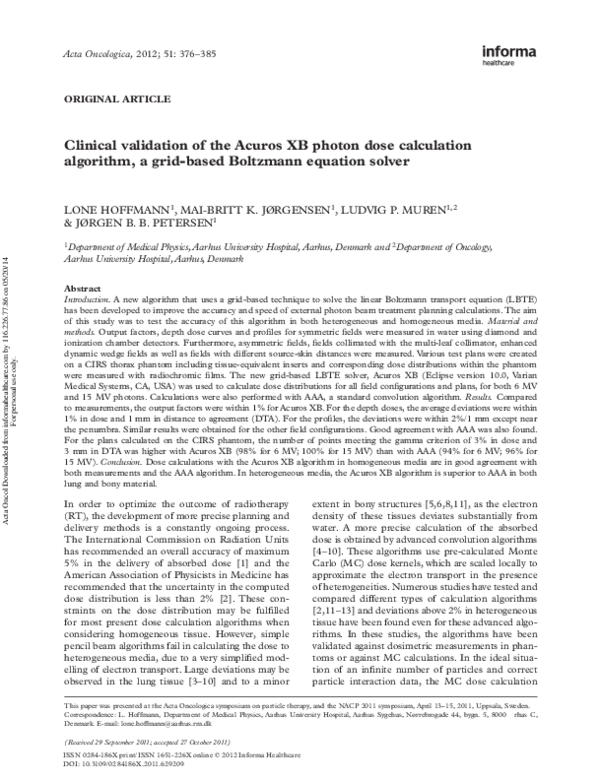 Pdf Clinical Validation Of The Acuros Xb Photon Dose Calculation Algorithm A Grid Based