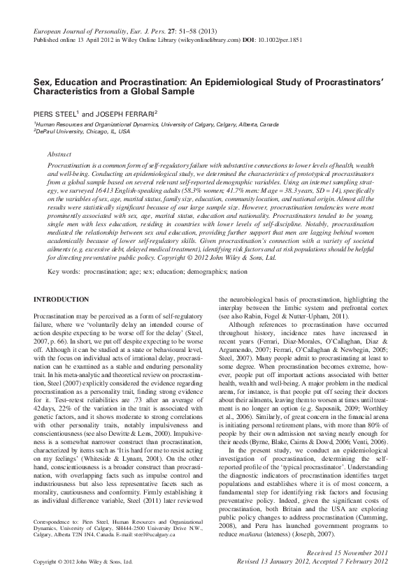 (PDF) Sex, Education and Procrastination: An Epidemiological Study of ...