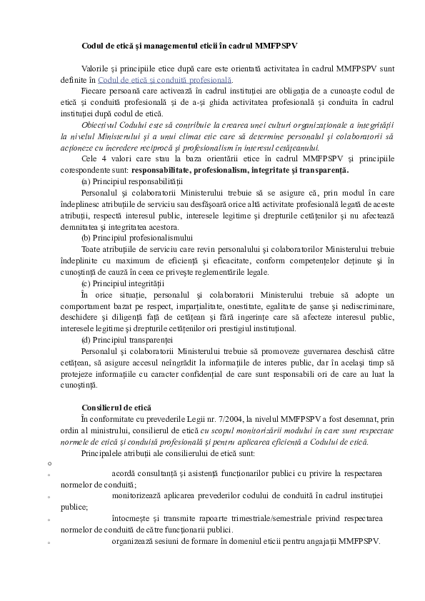 (DOC) Codul de etica și managementul eticii in cadrul MMFPSPV