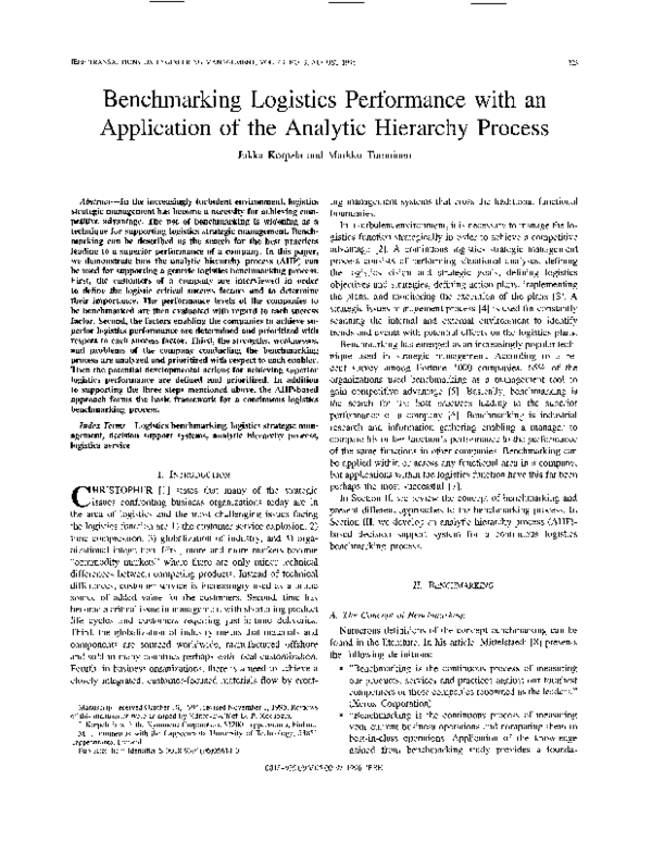 (PDF) Benchmarking logistics performance with an application of the analytic hierarchy process ...