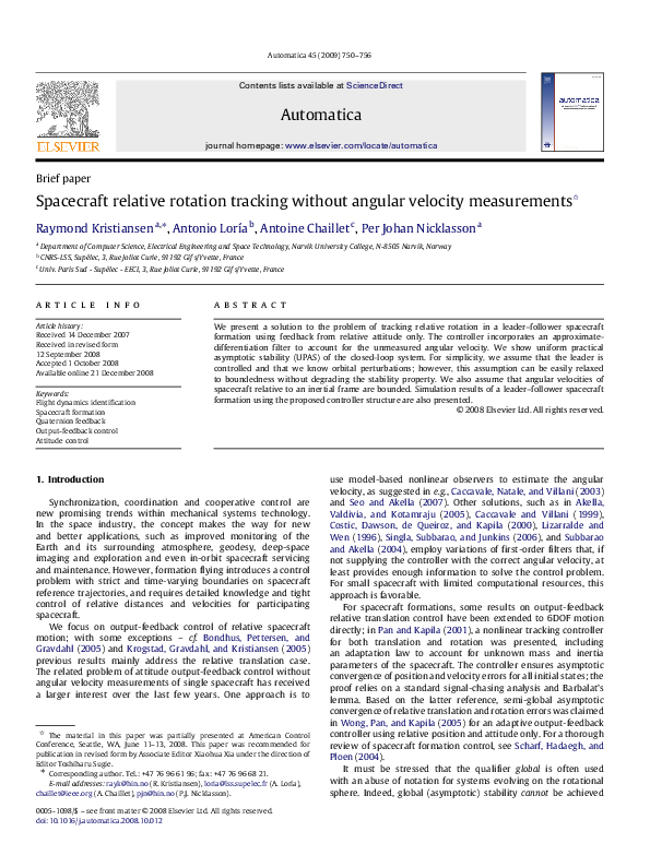 Pdf Spacecraft Relative Rotation Tracking Without Angular Velocity