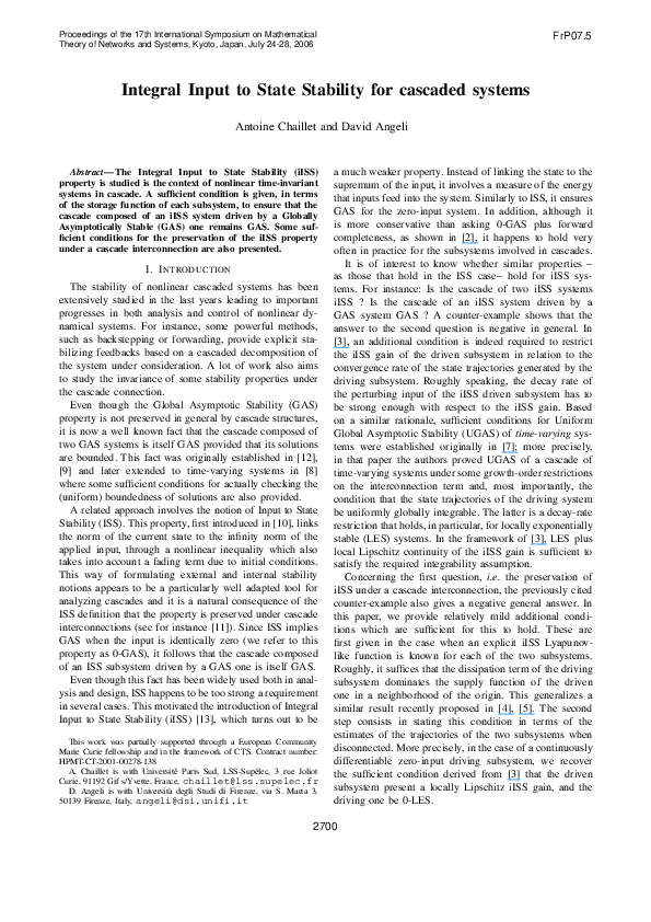 (PDF) Integral input-to state stability for cascaded systems