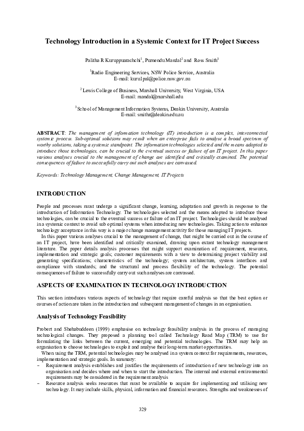 (PDF) Technology Introduction in a Systemic Context for IT Project Success