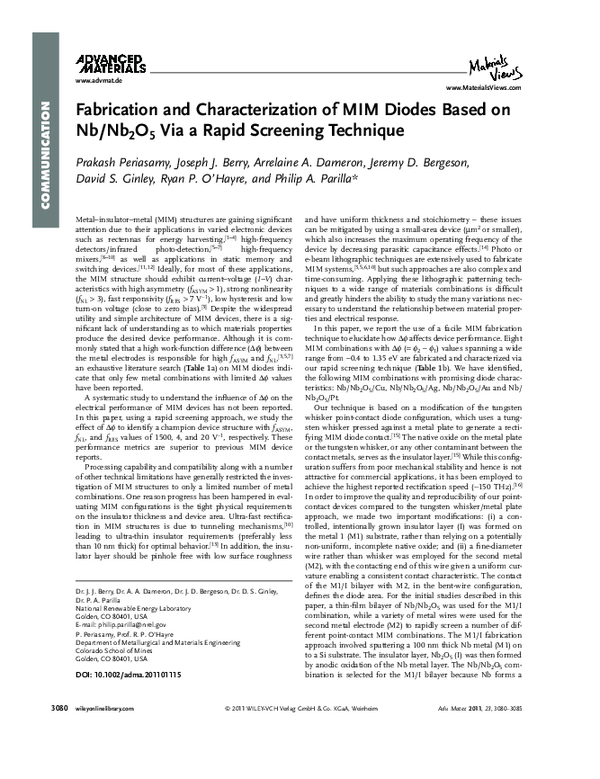 (PDF) Fabrication and Characterization of MIM Diodes Based on Nb/Nb2O5 ...