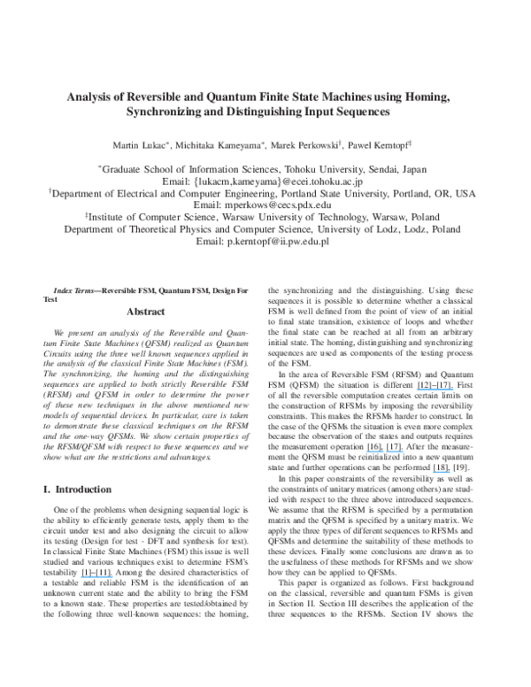 (PDF) Analysis of Reversible and Quantum Finite State Machines Using Homing, Synchronizing and ...