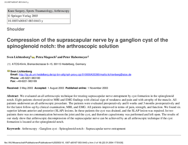 (PDF) Compression of the suprascapular nerve by a ganglion cyst of the ...