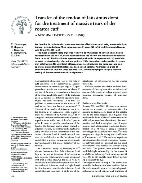 (PDF) Transfer of the tendon of latissimus dorsi for the treatment of ...