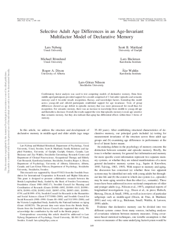 (PDF) Selective adult age differences in an age-invariant multifactor model of declarative memory