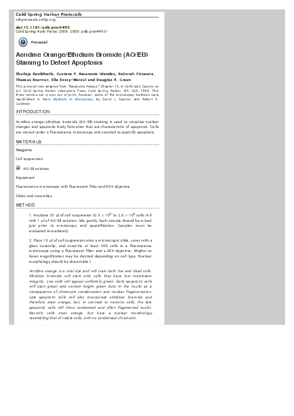 (PDF) Acridine Orange/Ethidium Bromide (AO/EB) Staining to Detect Apoptosis