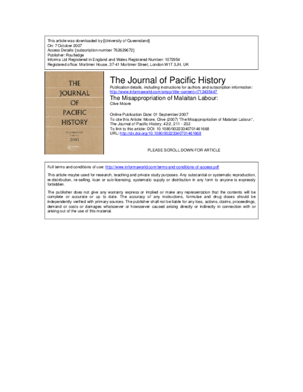 (PDF) Clive Moore, “The Misappropriation of Malaitan Labour: Historical ...