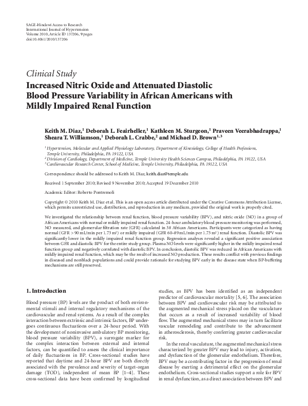 (PDF) Increased nitric oxide and attenuated diastolic blood pressure ...