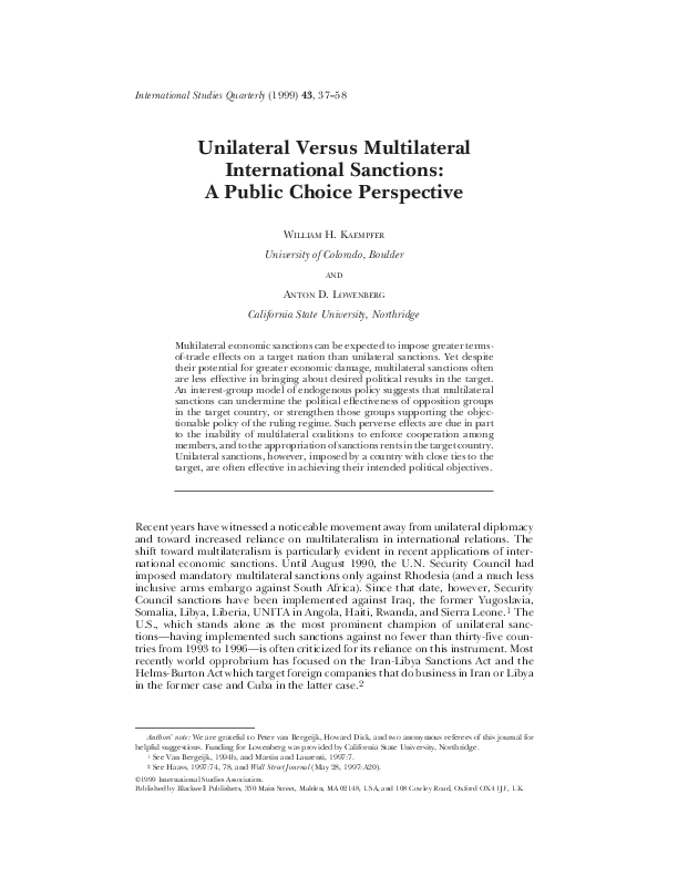 (PDF) Unilateral Versus Multilateral International Sanctions: A Public ...