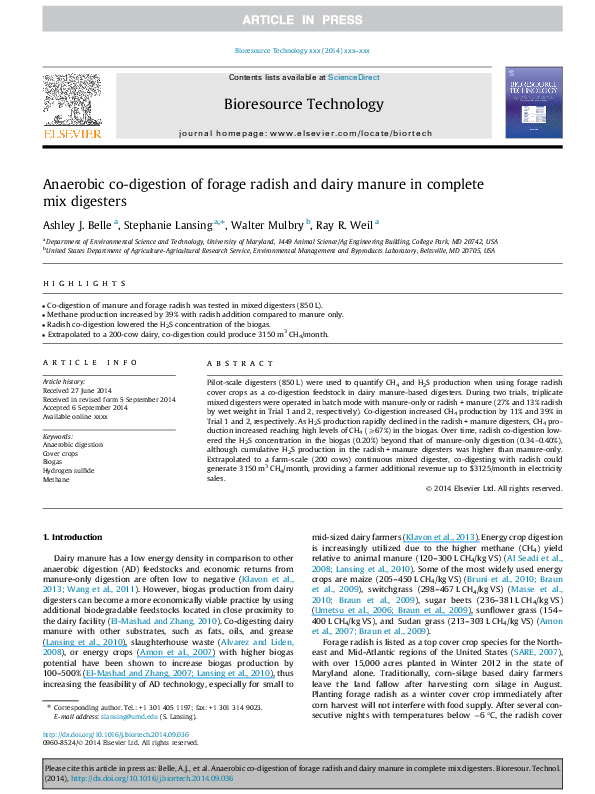 (PDF) Anaerobic co-digestion of forage radish and dairy manure in ...