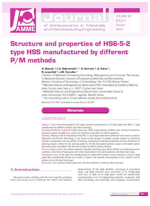 (PDF) Structure and properties of HS6-5-2 type HSS manufactured by ...
