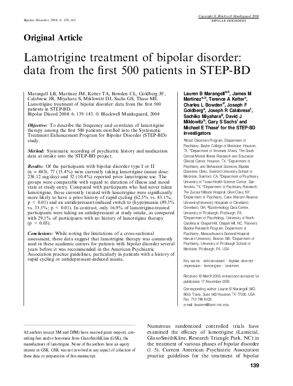 (PDF) Lamotrigine treatment of bipolar disorder: data from the first ...