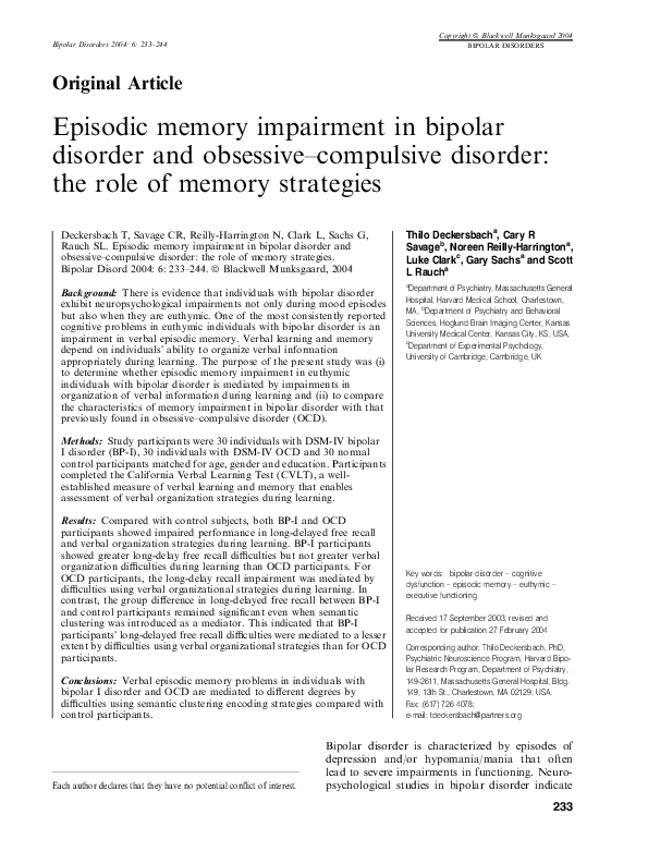 (PDF) Episodic memory impairment in bipolar disorder and obsessive ...
